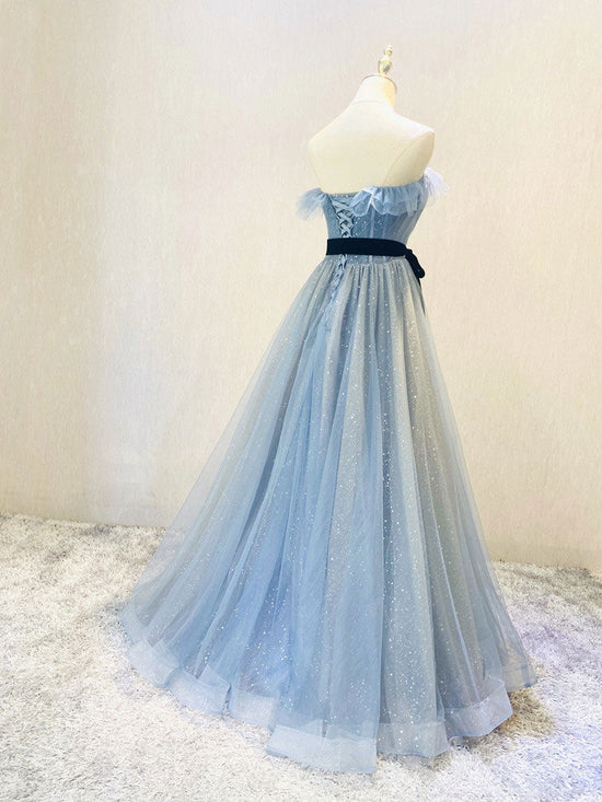 A-Line Gray Blue Tulle Long Prom Dress, Gray Blue Long Formal Dress ...