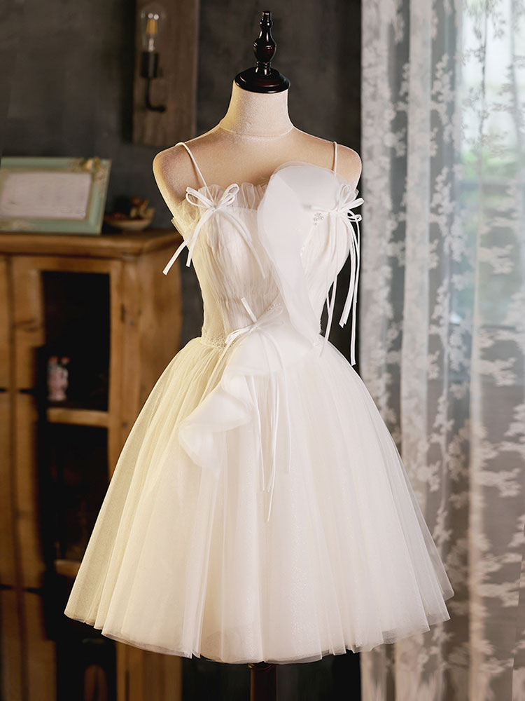 A-Line Beige Tulle Short Prom Dress, Beige Cute Homecoming Dress – shdress