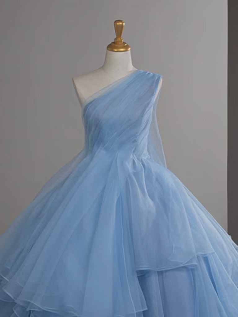 A-Line One Shoulder Tulle Blue Long Prom Dress, Blue Long Evening Dres ...