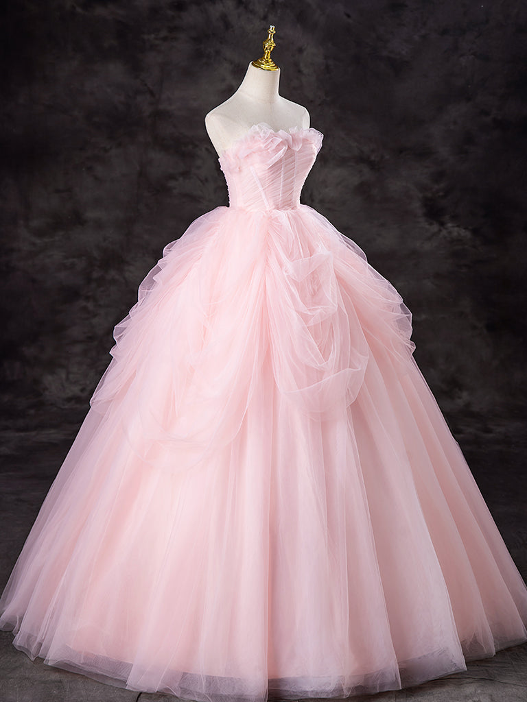 A-Line Tulle Pink Long Prom Dress, Pink Tulle Long Formal Dress – shdress