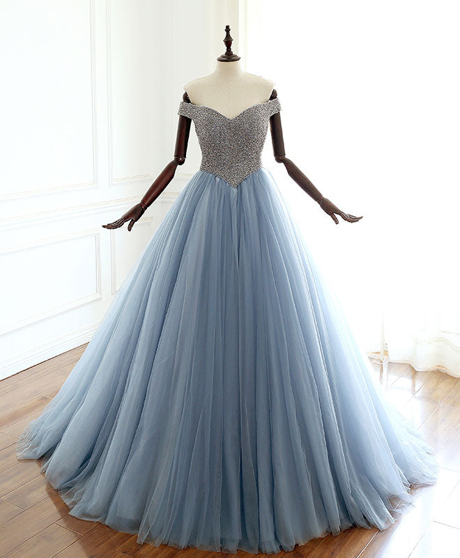 Unique gray blue tulle beads long prom dress, blue evening dress – shdress