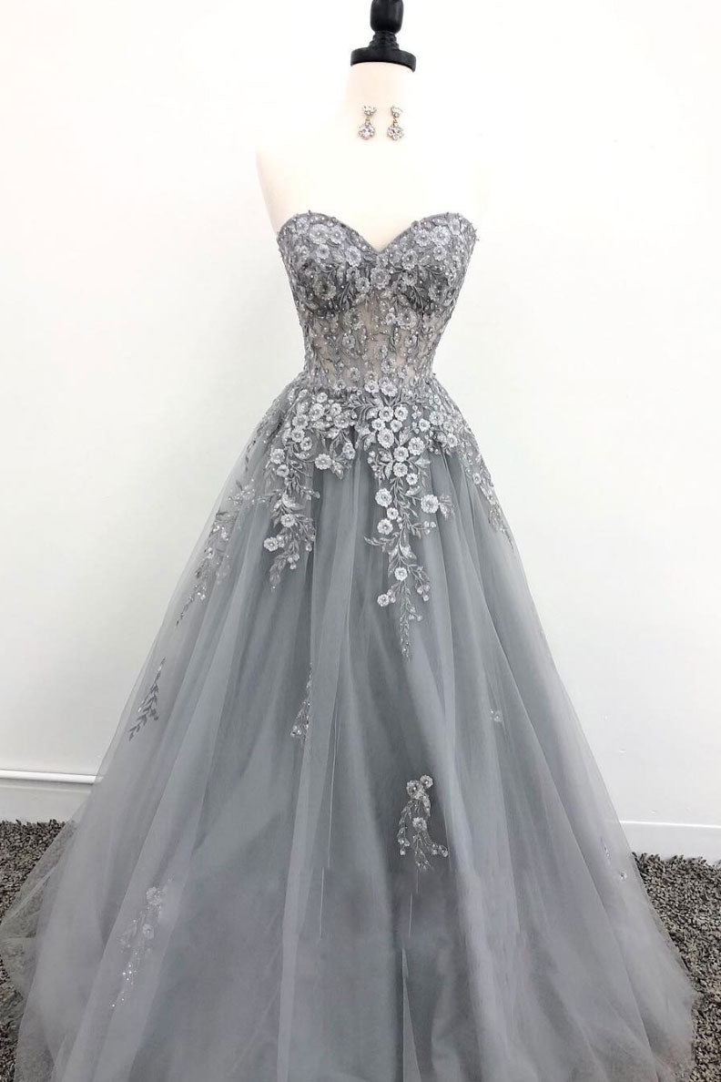 Gray tulle lace long prom dress, gray evening dress – shdress