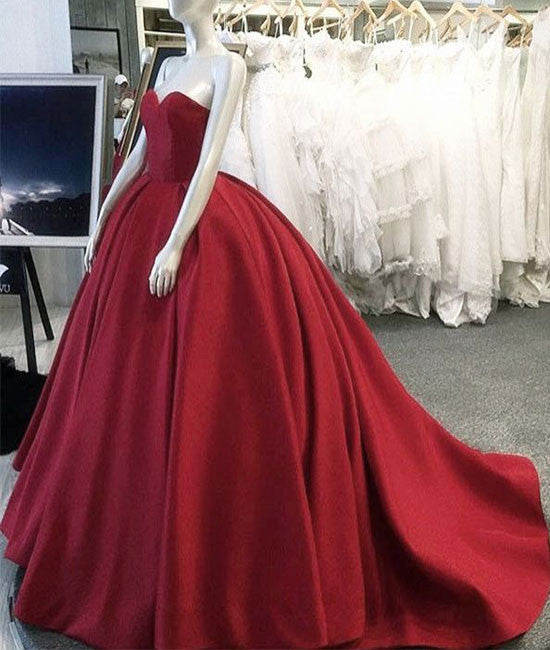 Simple red sweetheart neck red long prom gown, red evening dress – shdress