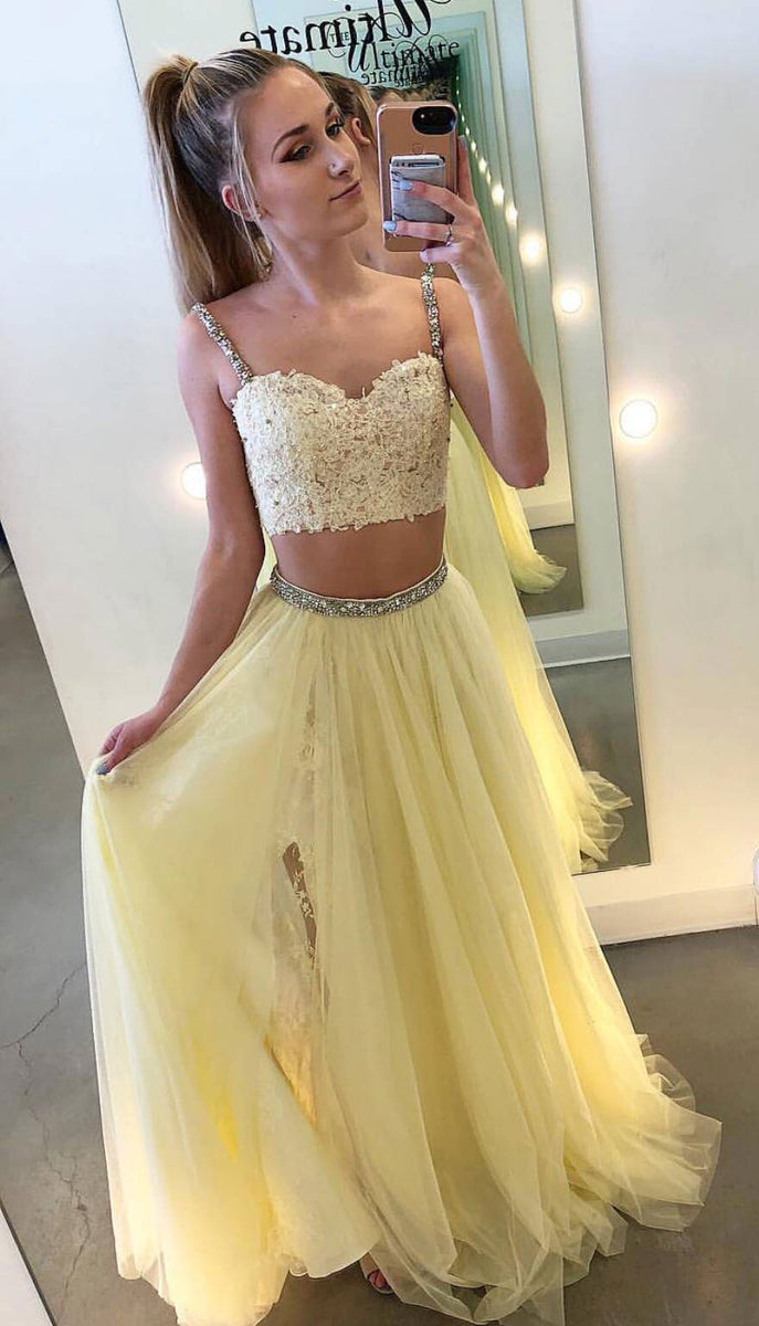 Yellow two pieces lace tulle long prom dress, yellow evening dress ...
