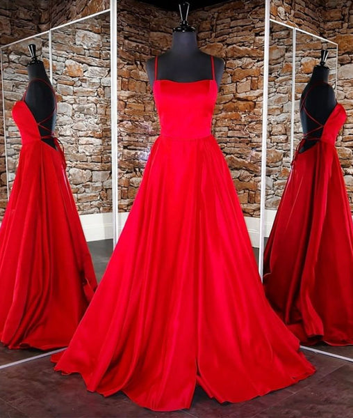 Simple red satin long prom dress, red backless long evening dress – shdress