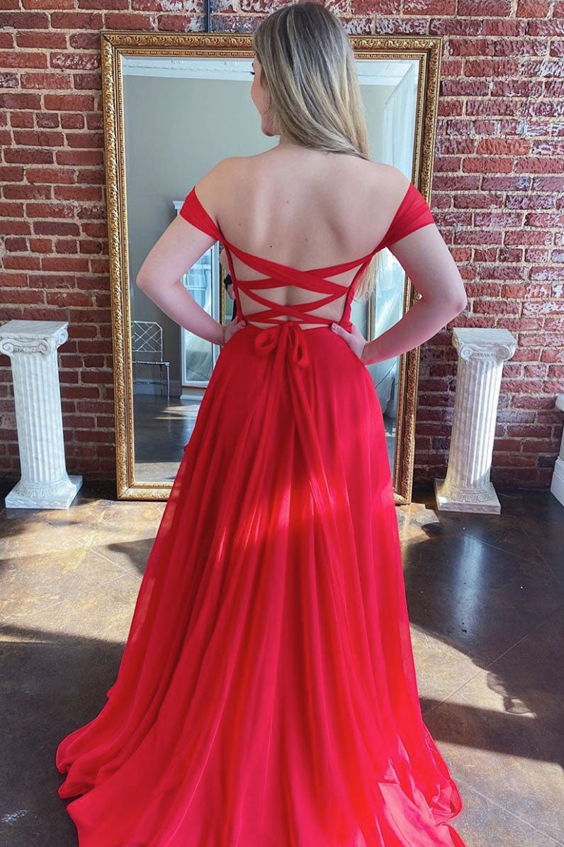 Simple red sweetheart chiffon long prom dress red evening dress – shdress