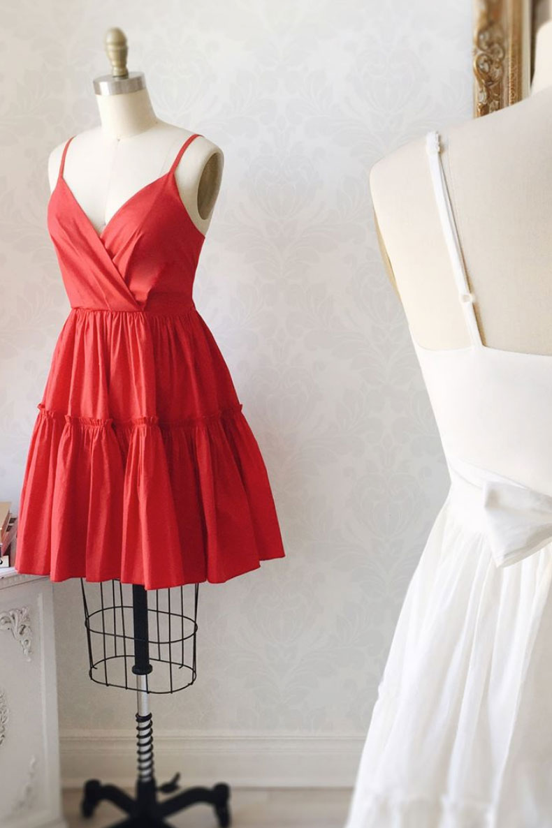 Simple satin red short prom dress red cocktail dress – shdress