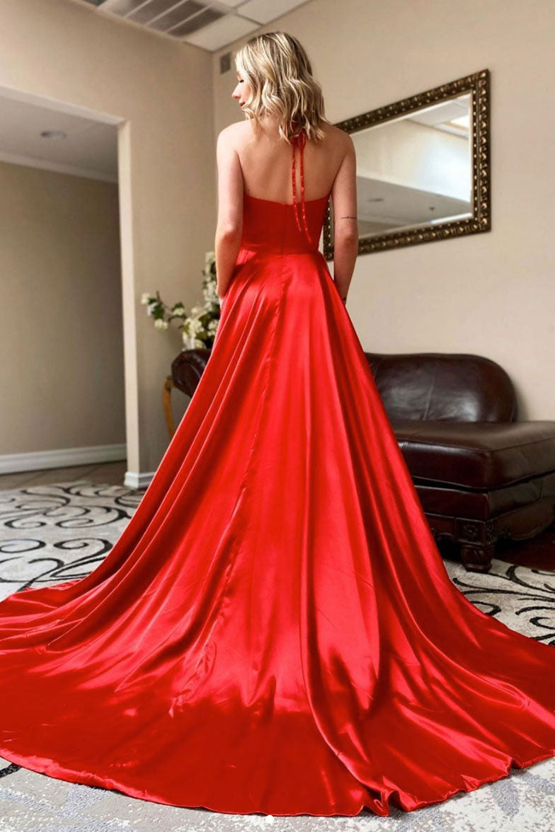 Simple red v neck satin long prom dress red evening dress – shdress