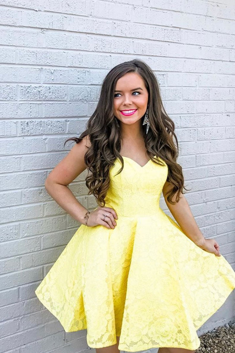 Cute yellow lace short prom dress yellow homecoming dress – shdress