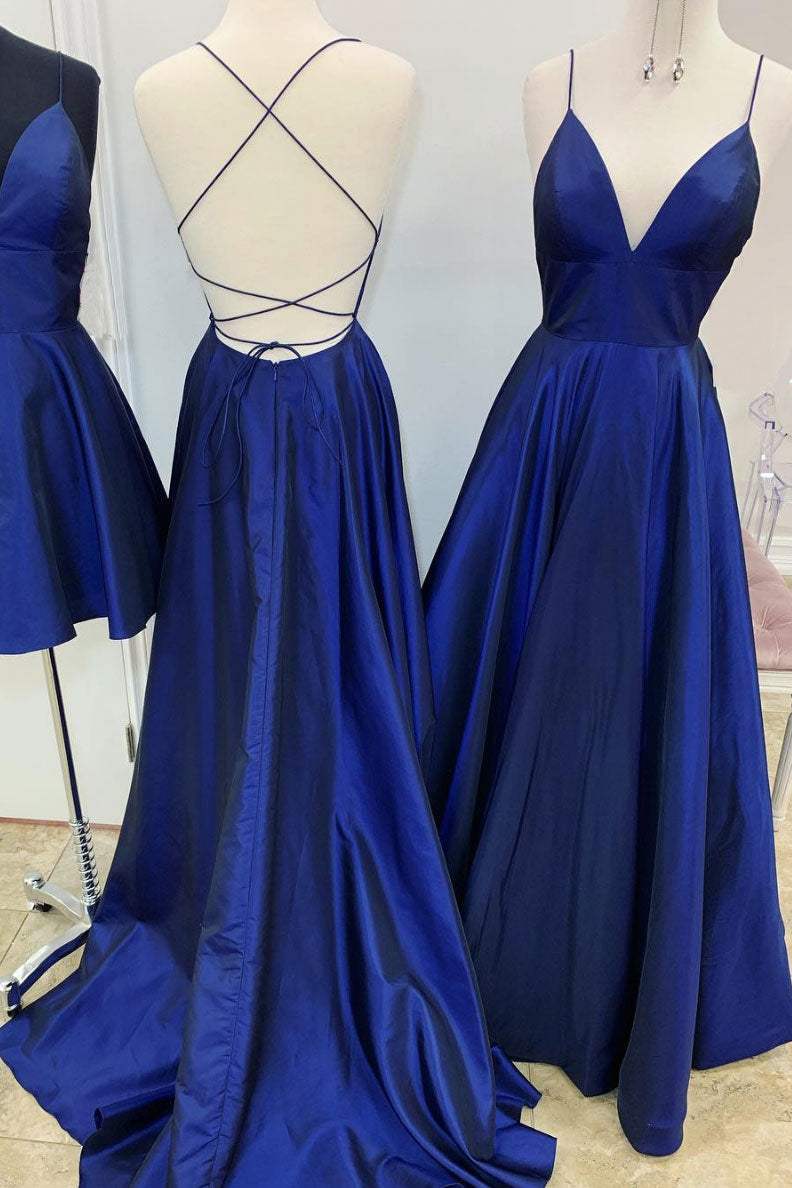 Simple v neck blue satin long prom dress blue evening dress – shdress