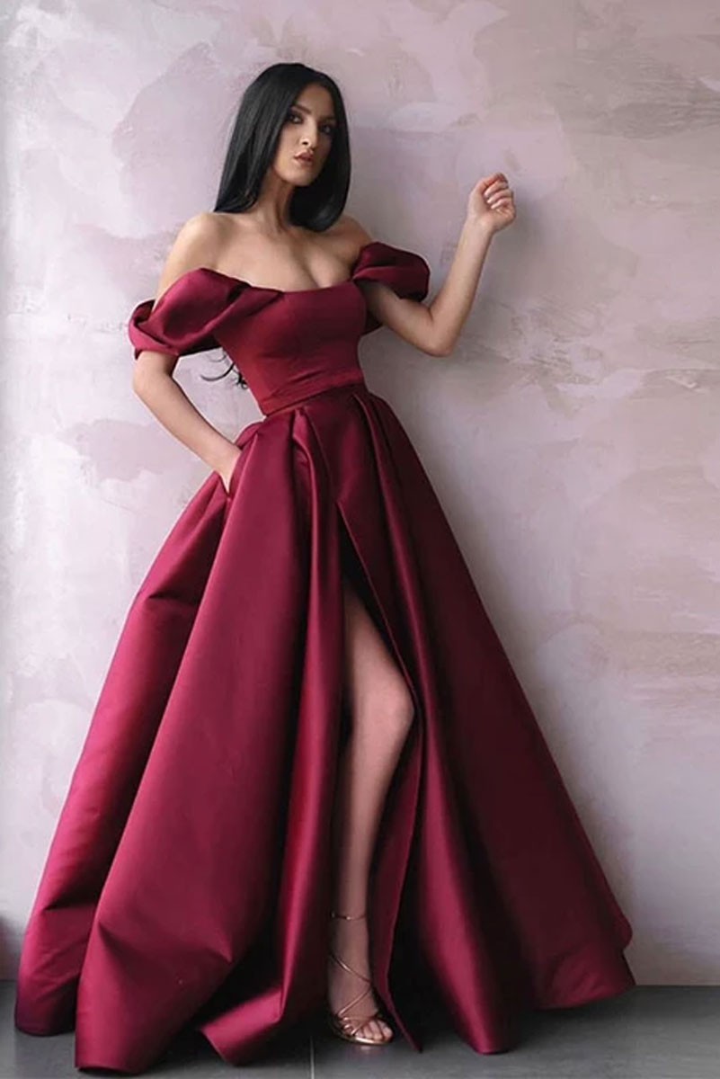 Simple burgundy satin long prom dress burgundy formal dress – shdress