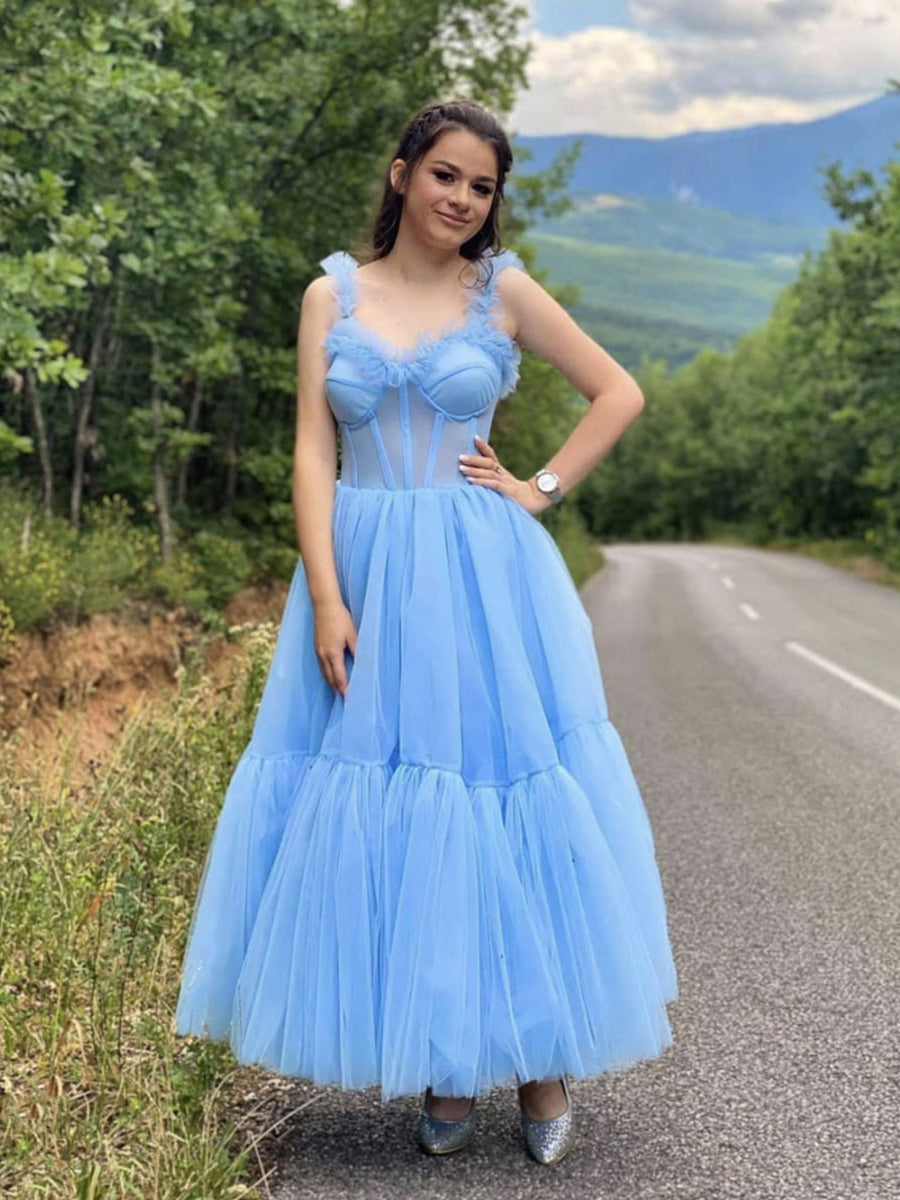 Blue sweetheart neck tulle tea length prom dress, blue homecoming dres ...