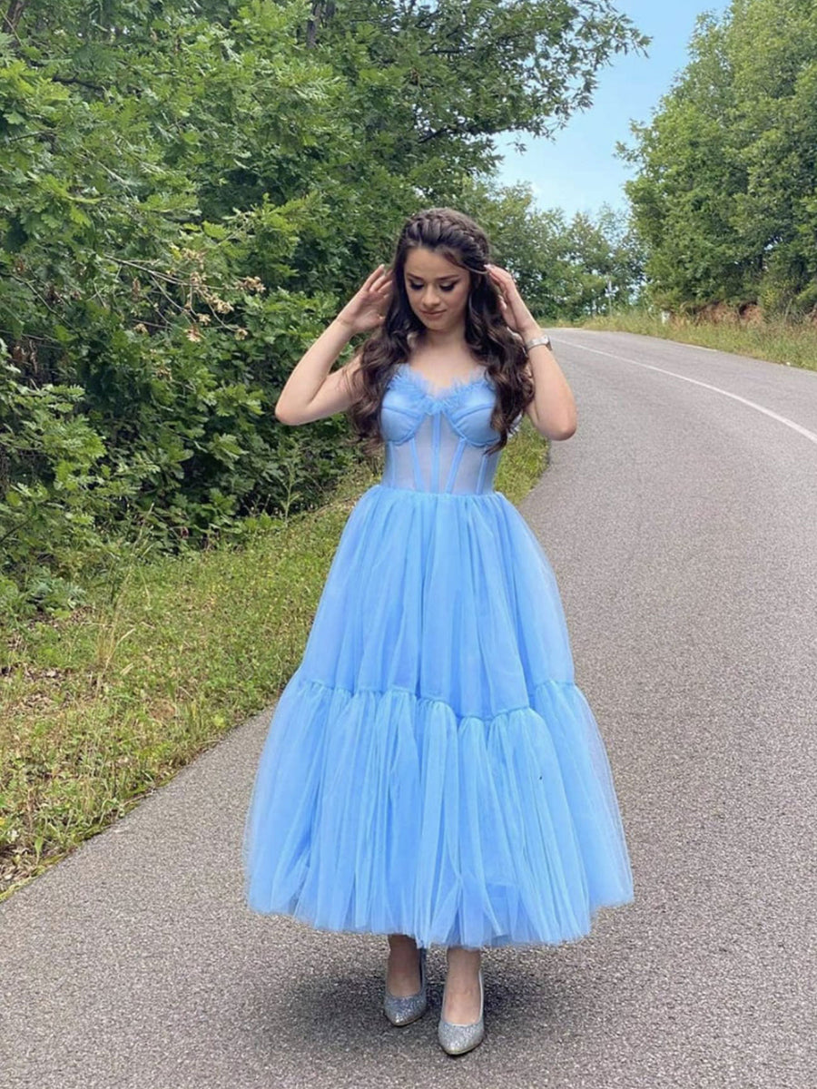 Blue sweetheart neck tulle tea length prom dress, blue homecoming dres ...