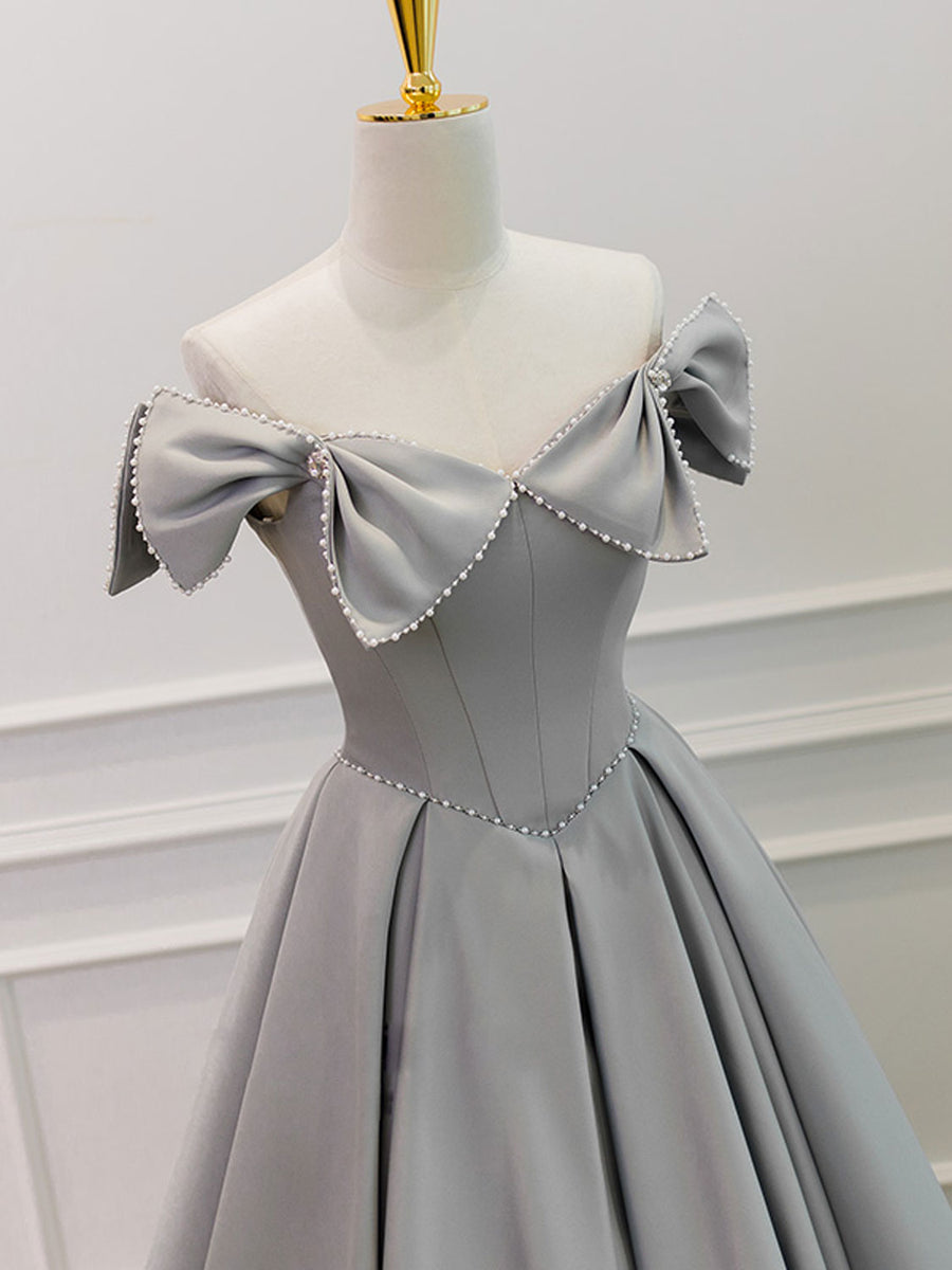 Gray A-Line Satin Long Prom Dress, Gray Formal Evening Dress – shdress