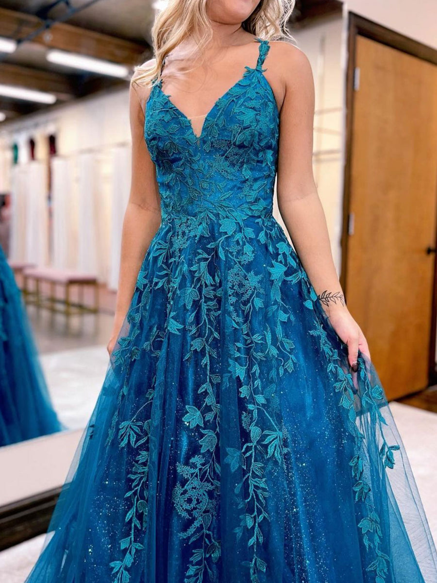 A-Line V Neck Tulle Lace Long Prom Dress, Blue Tulle Lace Evening Dres ...