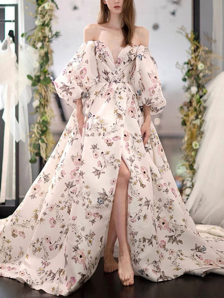 Unique sweetheart neck puff sleeves long prom dress long formal dress ...